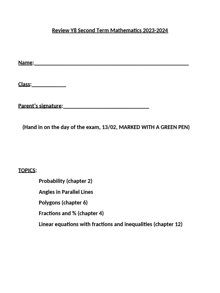 Review Y8 Second Term Mathematics 2023-24 | PDF | Numbers | Inequality ...