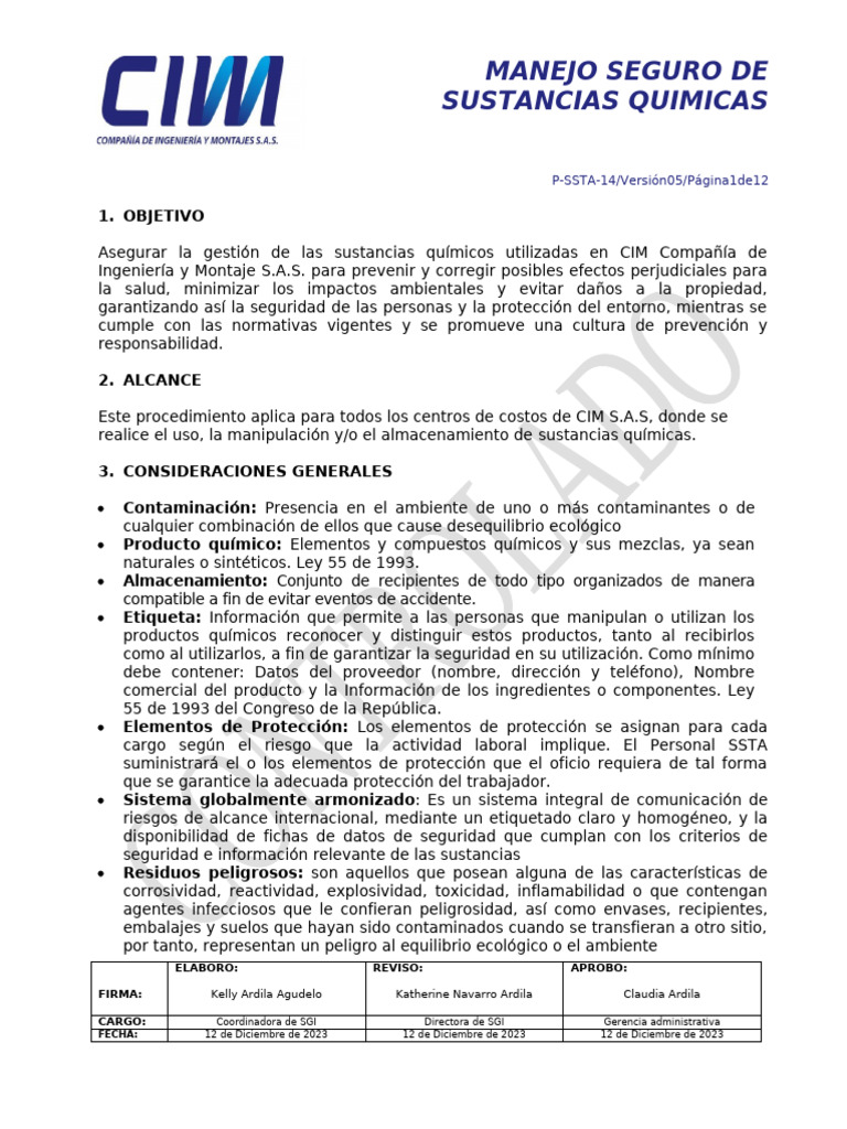 P-SSTA-14 Manejo Seguro de Sustancias Quimicas | PDF | Residuos | Contaminación
