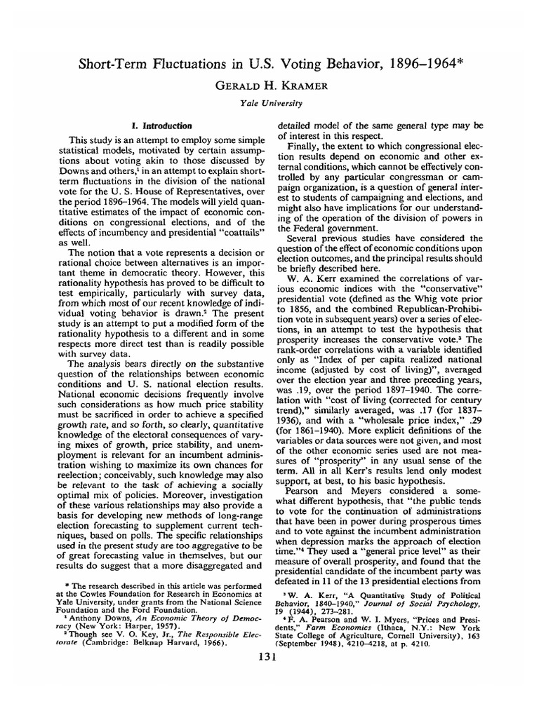 1971 Kramer, G. H. Short-Term Fluctuations in US Voting Behavior, 1896-1964 | PDF | Cost Of Living