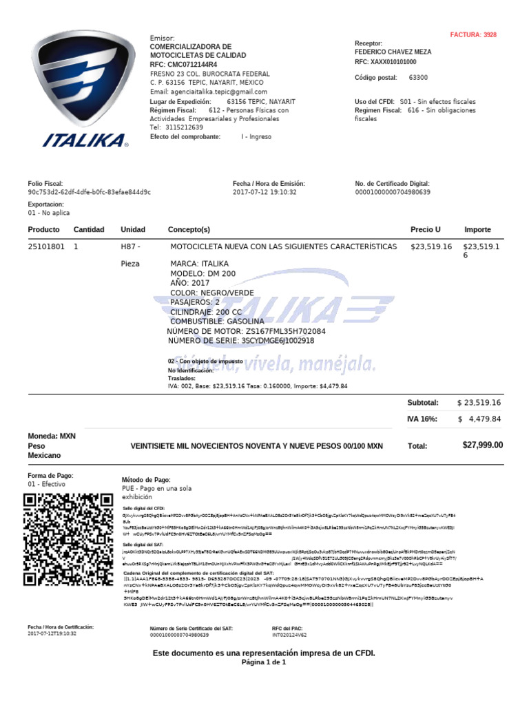 Factura Italika Dm200 Federico Chavez Meza | PDF