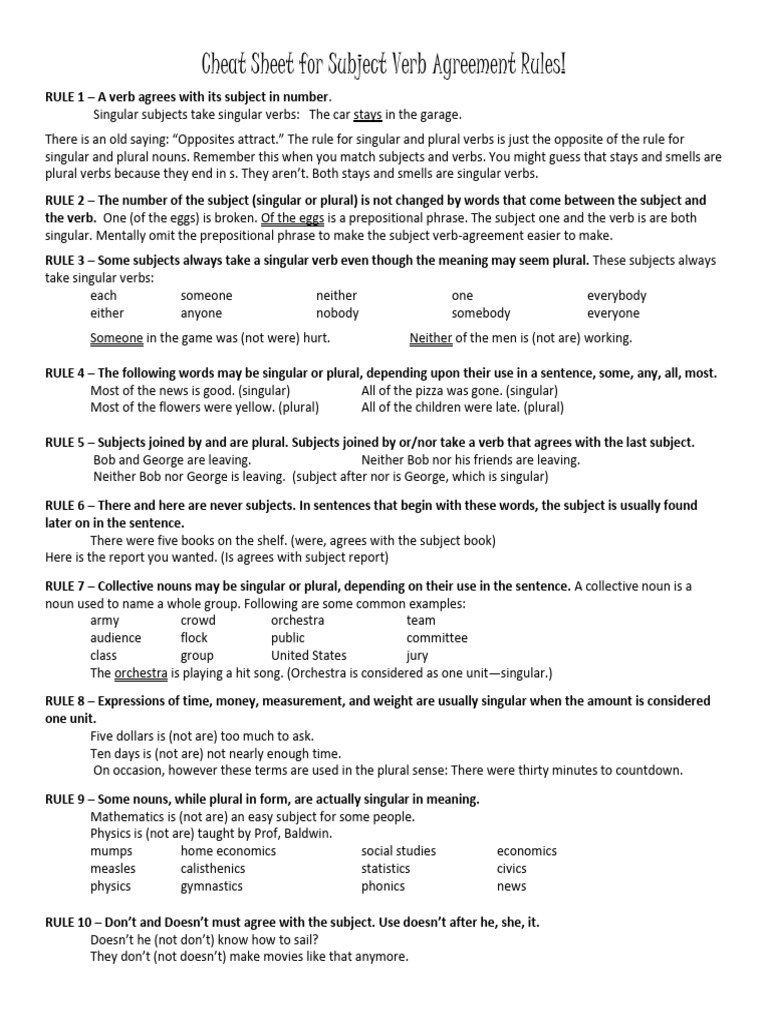 Subject Verb Agreement Cheat Sheet | PDF | Grammatical Number | Verb