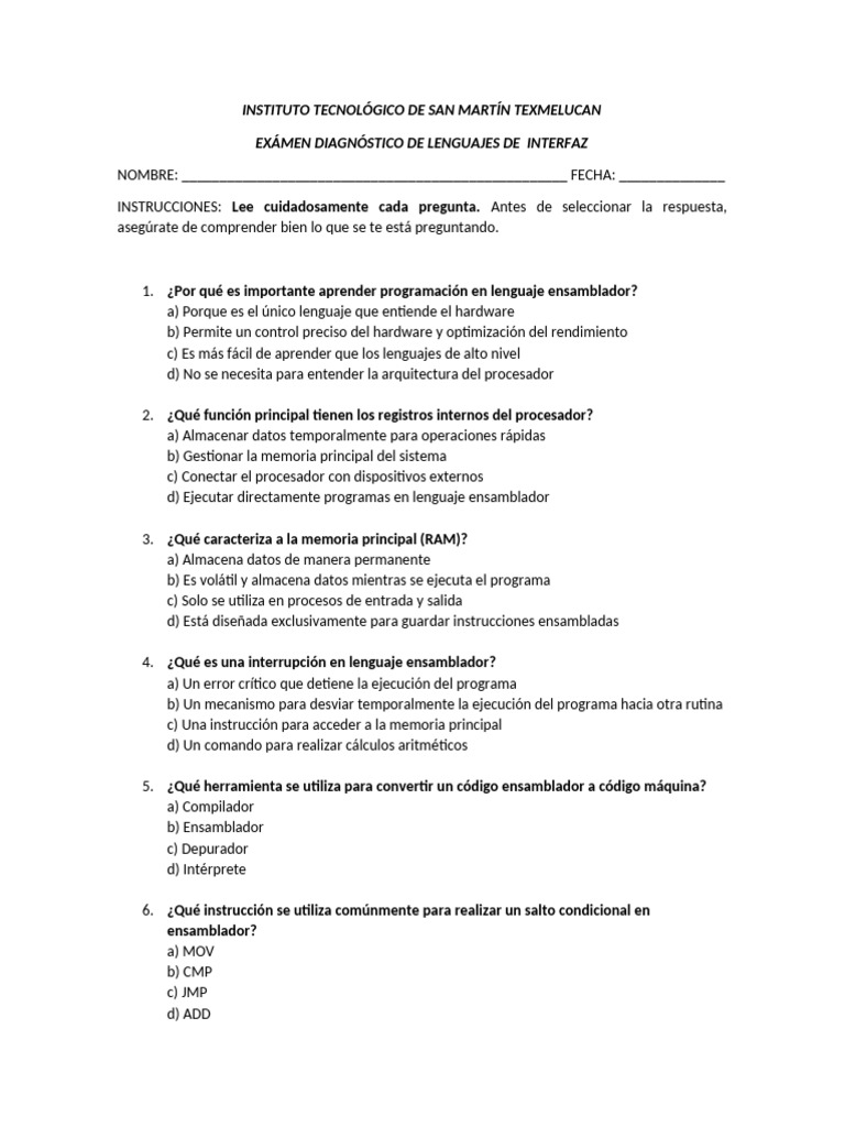 Examen Diagnóstico de Ensamblador | PDF | Lenguaje ensamblador | Lenguaje de programación