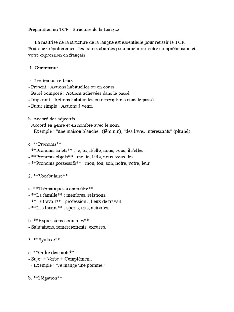 Préparation Au TCF - Structure de La Langue | PDF | Nombre grammatical | Genre grammatical