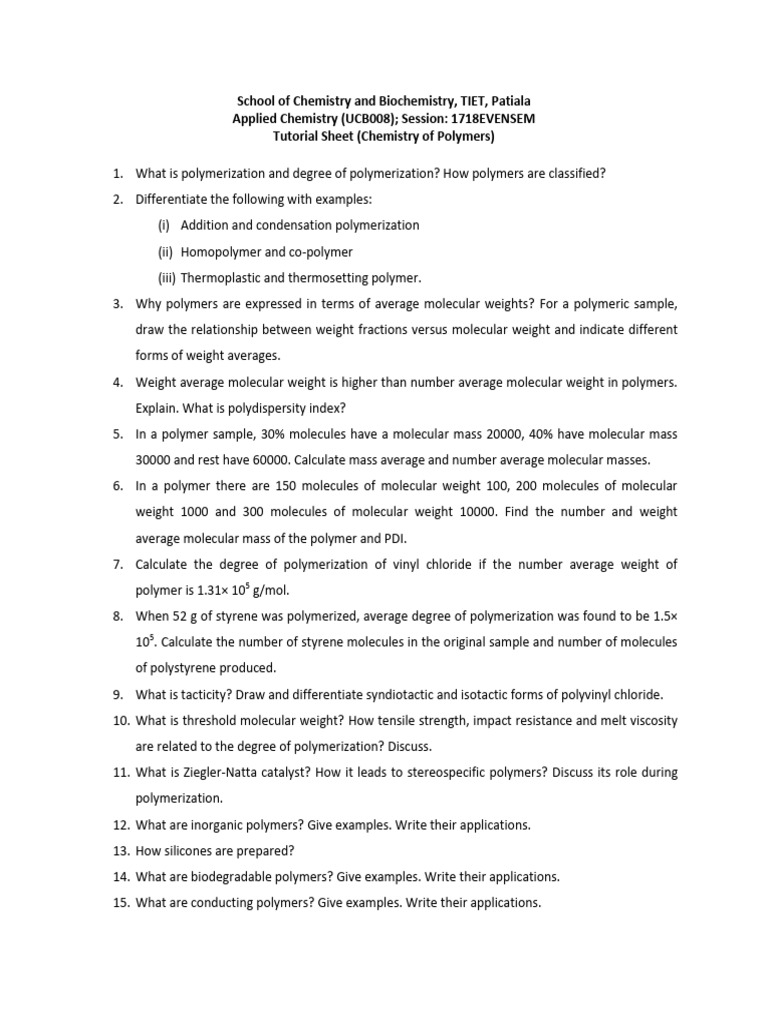 Tutorial Sheet_Chemistry of Polymers | PDF