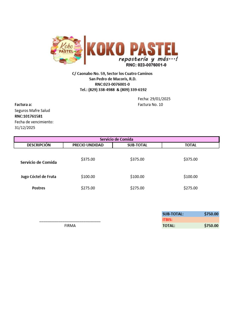 Factura Koko Pastel No. 10 | PDF