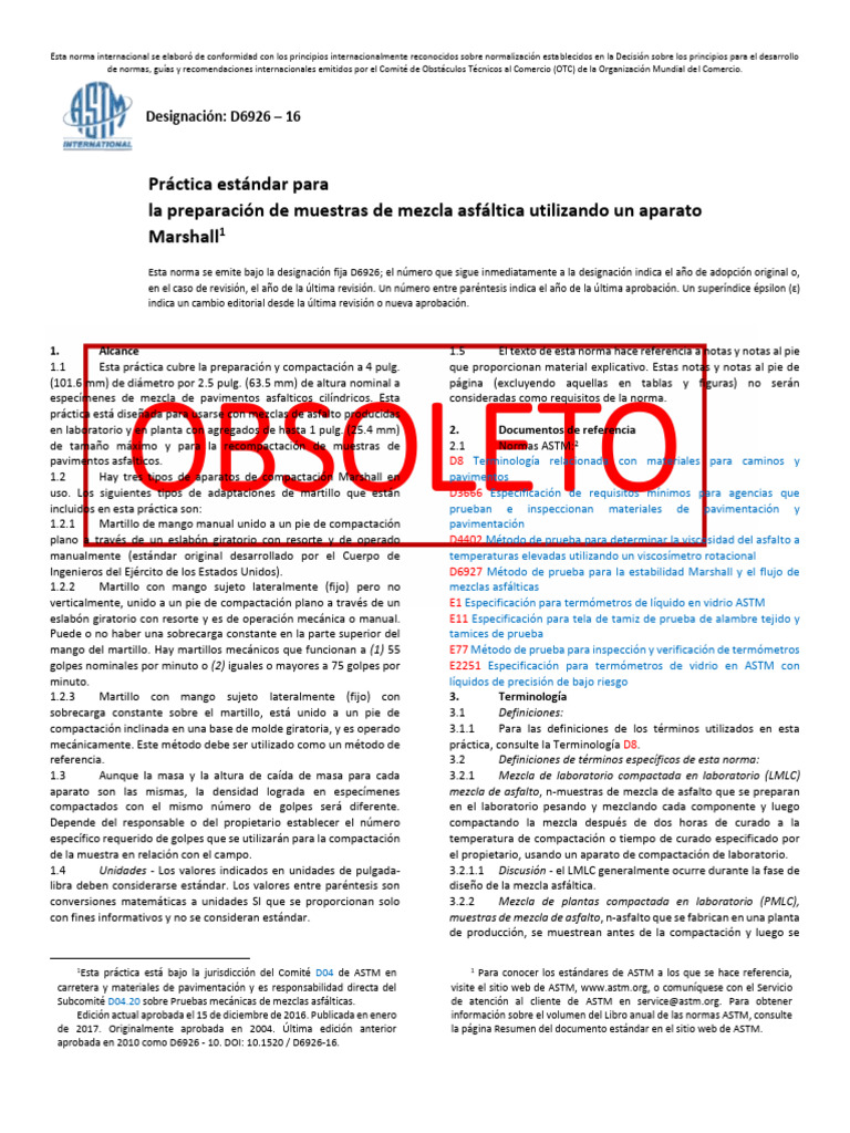 Norma ASTM D6926 sobre mezcla asfáltica | PDF | Laboratorios | Martillo