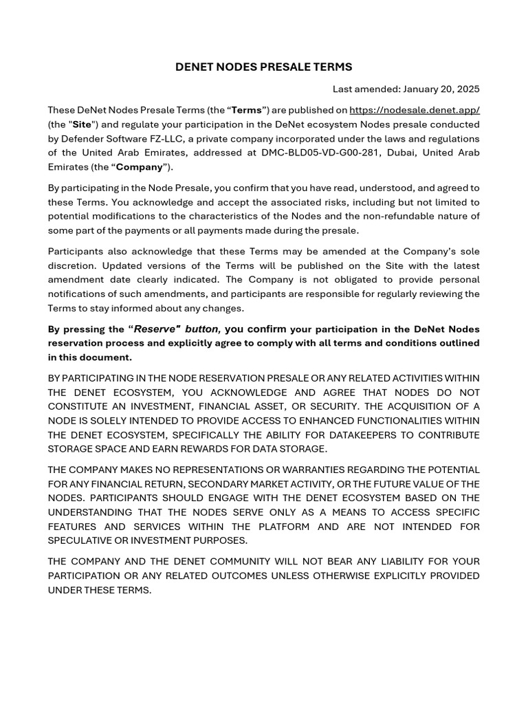 DeNet Nodes Presale Terms 2025 | PDF | Indemnity | Cryptocurrency