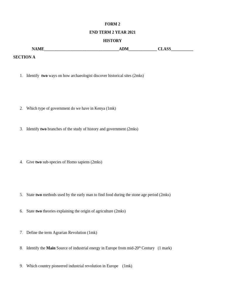 Form 2 History Exam Questions 2021 | PDF | Science