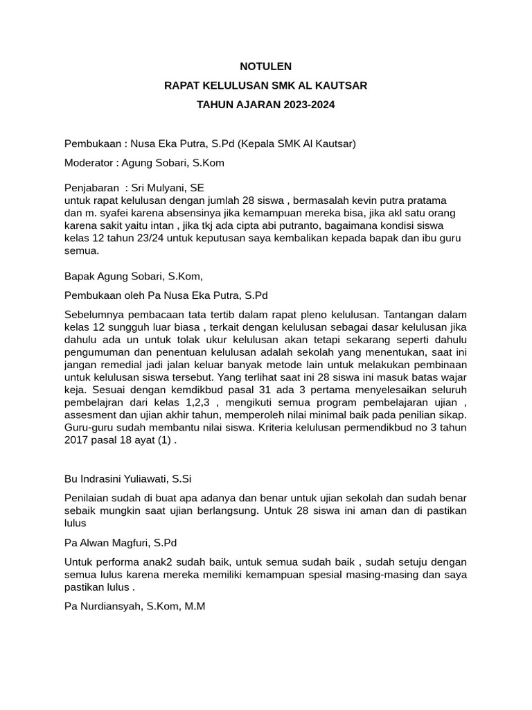 NOTULEN Rapat Kelulusan SMK Al Kautsar 23-24 | PDF