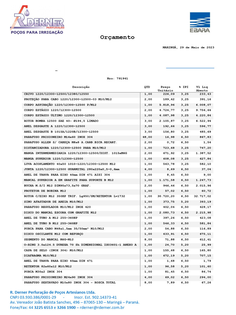 ORÇAMENTO Ebara - 791941 (Franciosi) | PDF
