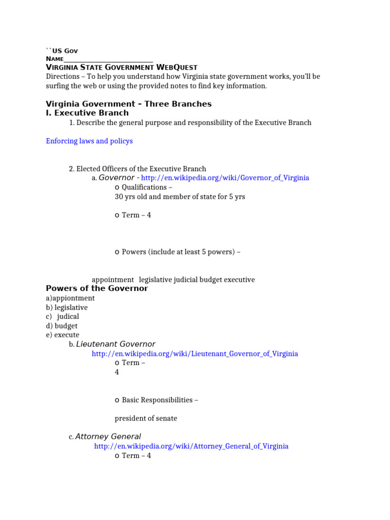 Virginia Government Webquest | PDF | Federal Government Of The United ...