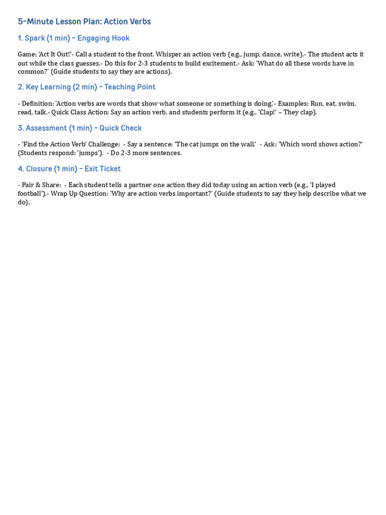 5-Minute Action Verb Lesson Plan | PDF