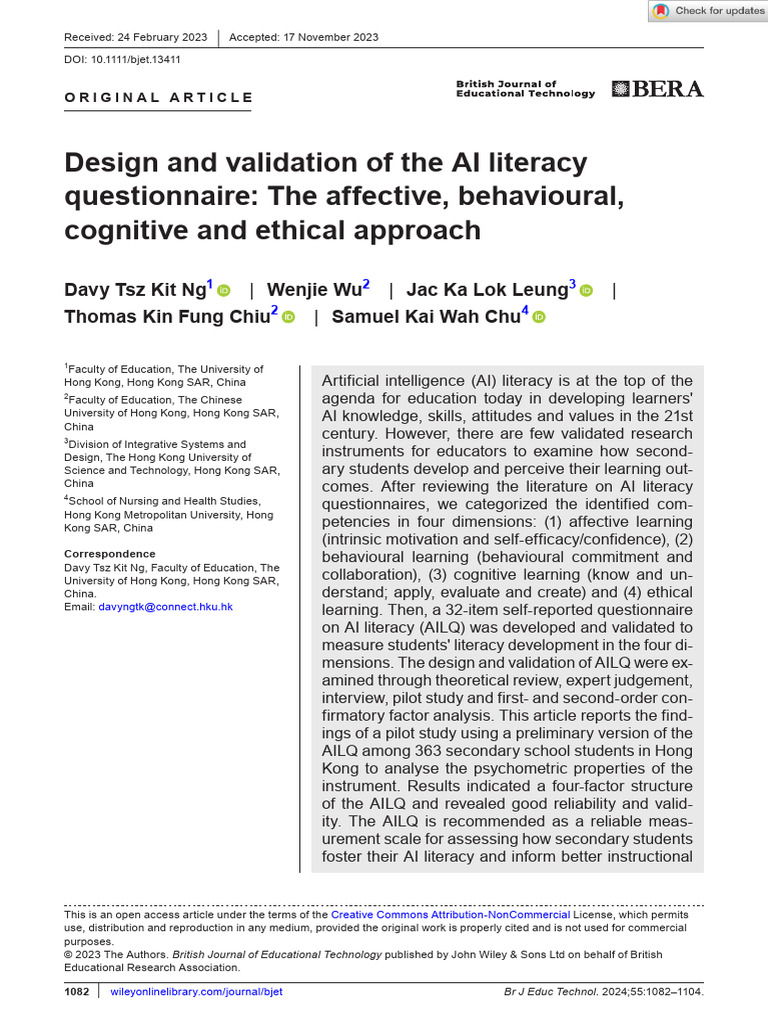 Brit J Educational Tech - 2023 - NG - Design and Validation of The AI Literacy Questionnaire The ...