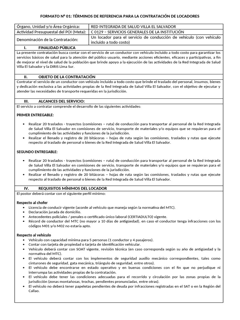 Modelo TDR Locador 2024 - Choferes de Ris Villa El Salvador2 | PDF