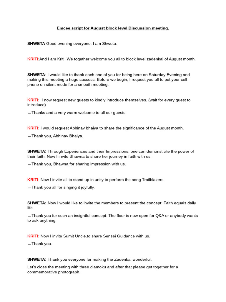 Emcee Script for August Block Level Discussion Meeting | PDF