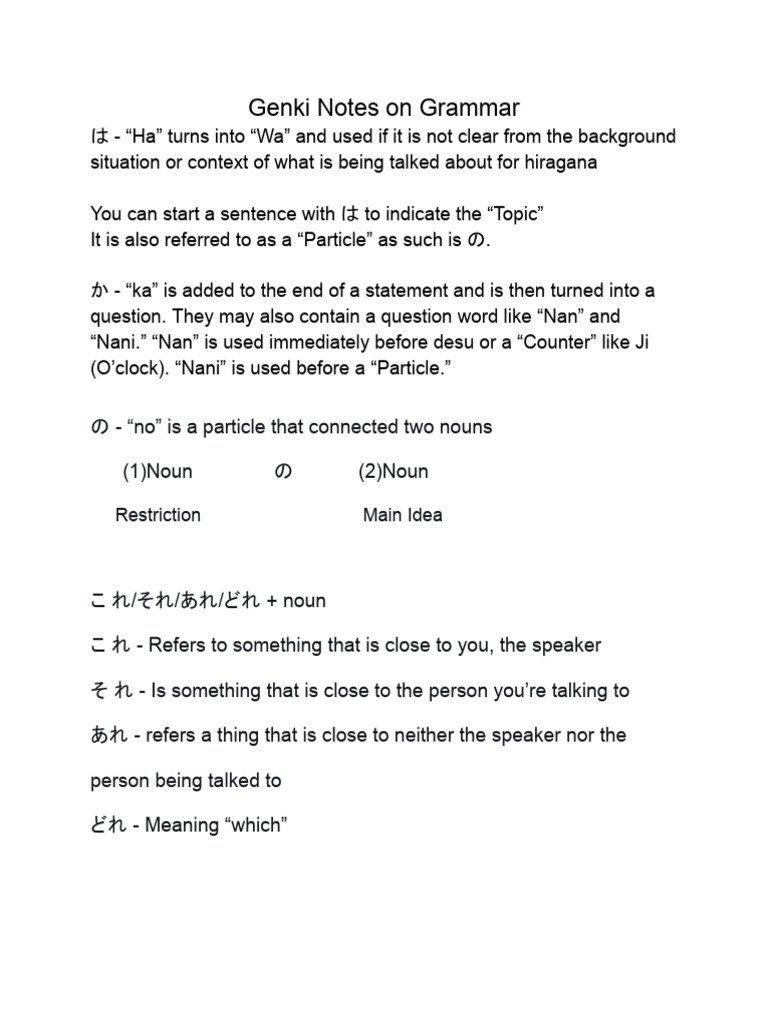 Genki Notes on Grammar | PDF