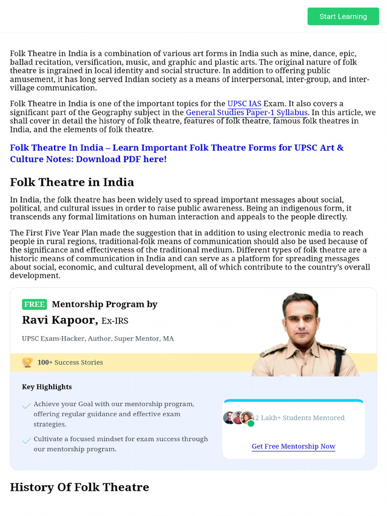 Folk Theatre in India - Folk Theatre Forms & More For UPSC Exam! | PDF