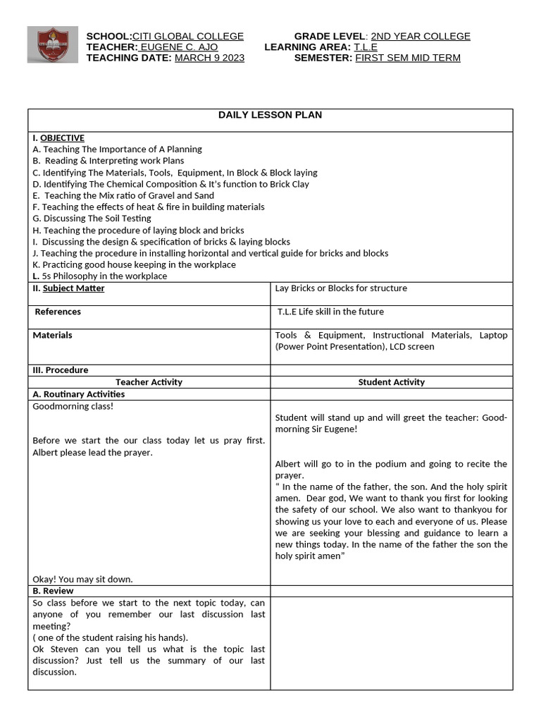 2nd Year College T.L.E Lesson Plan | PDF | Prayer