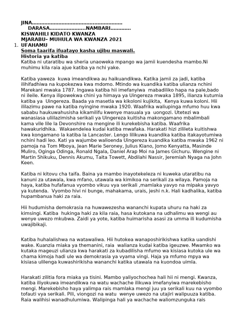 Set1 Kisw Form 1qs MidTerm 1 2021 Teacher.co .Ke F1 Exam | PDF