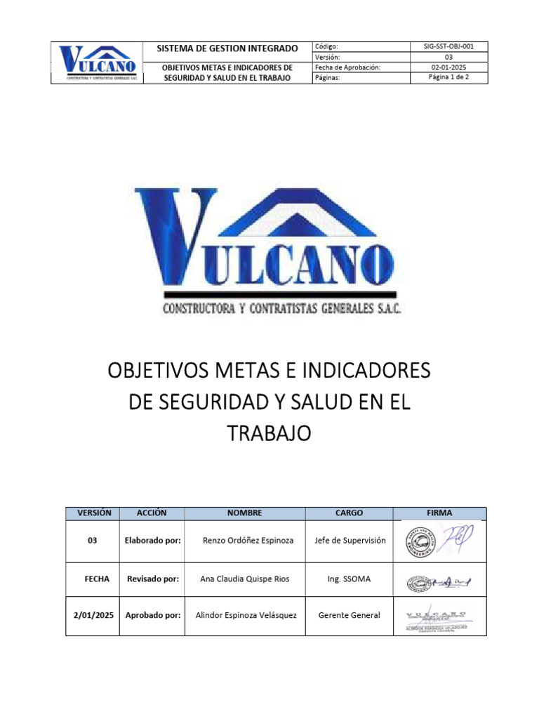 12 Sig-Sst-Obj-001. Objetivos Metas e Indicadores de Seguridad y Salud en El Trabajo 2025 | PDF