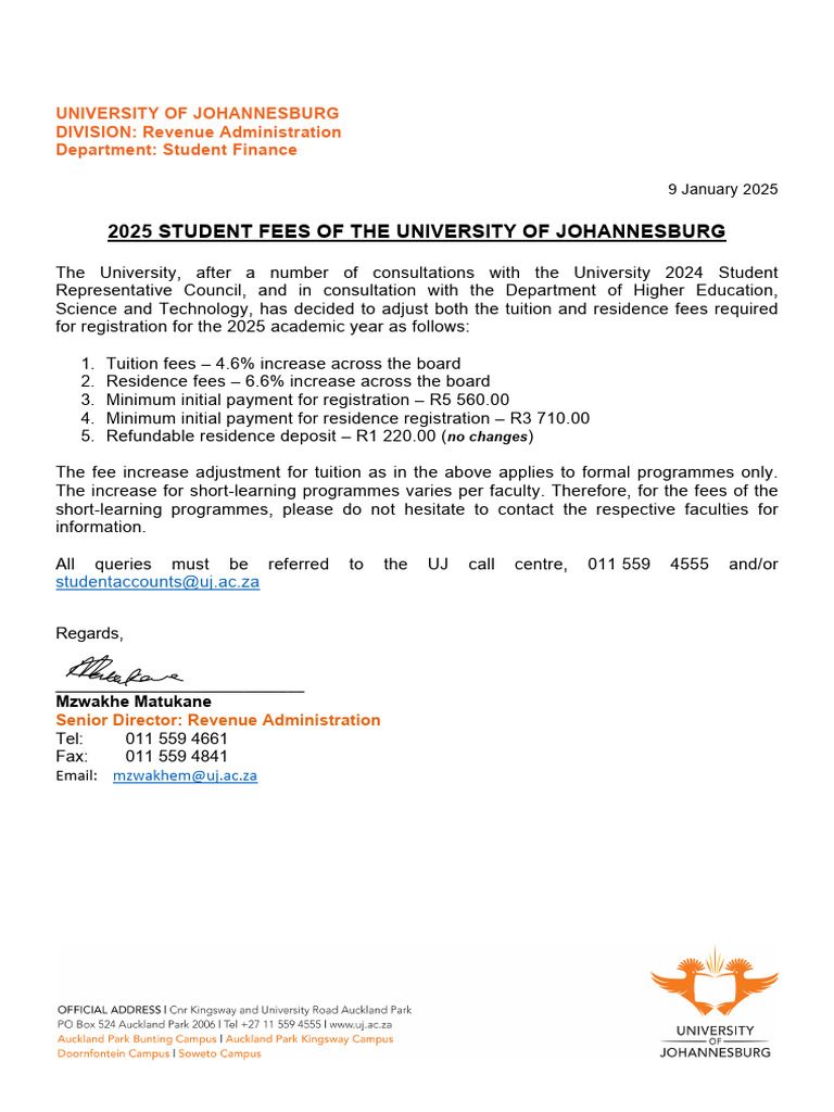 UJ 2025 Tuition and Residence Fees Update | PDF