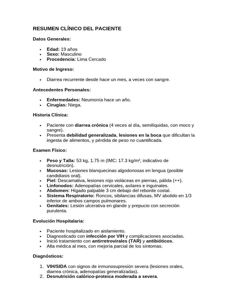 Resumen Clínico de VIH y Desnutrición | PDF | Diarrea | Neumonía