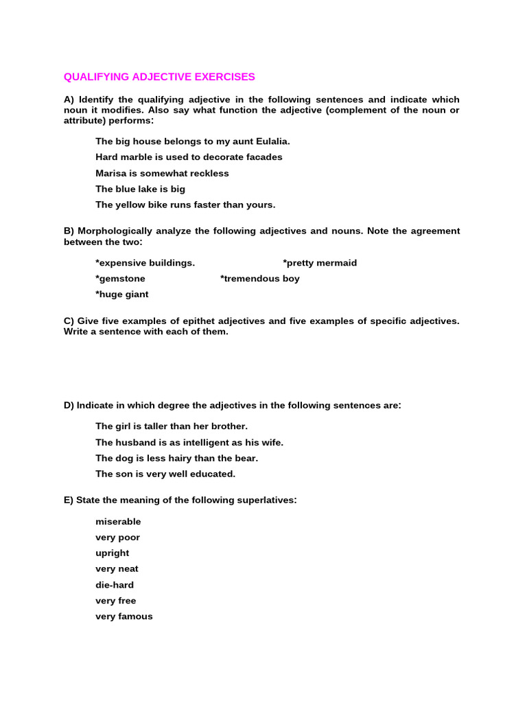 Qualifying Adjectives Exercises | PDF