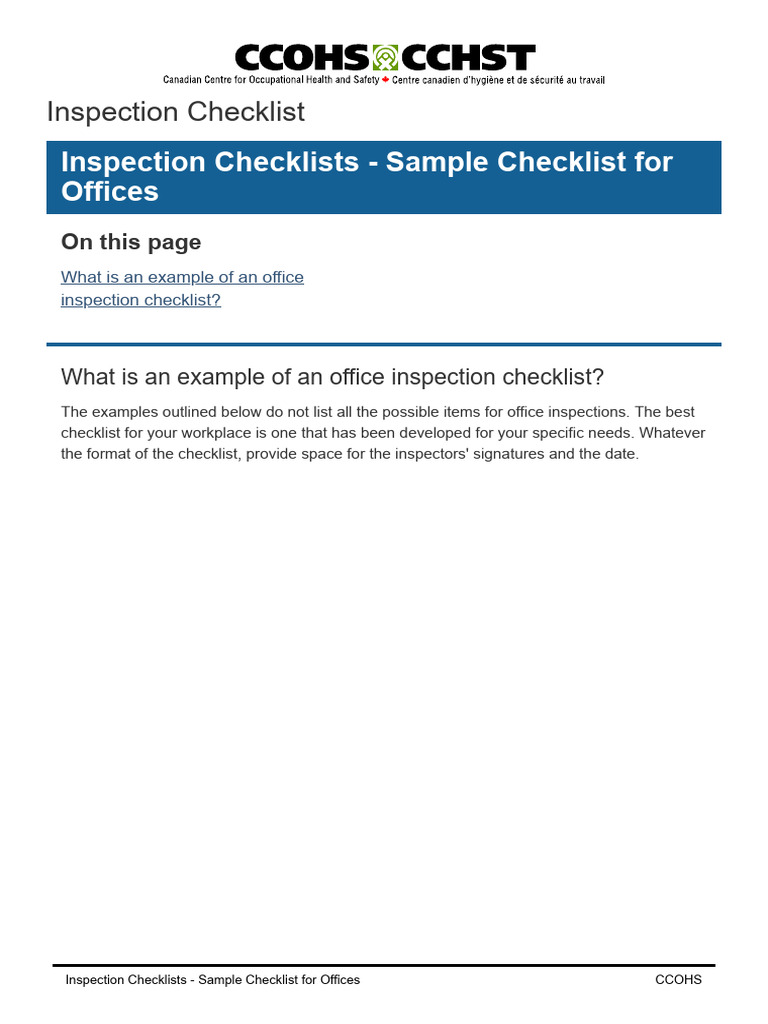Office Inspection Checklist Sample | PDF | Aisle | Lighting