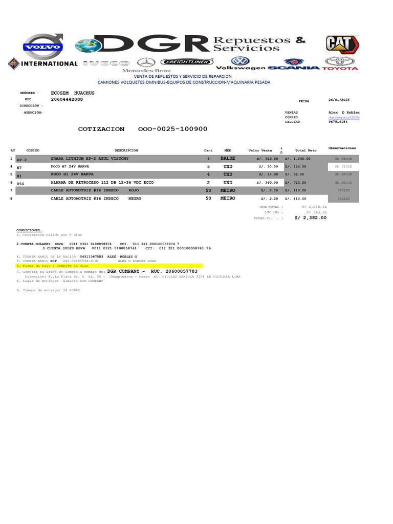 Cot. 100900 Grasa Ep2 Azul Focos Alarma Cardan BB Ecosem Huachus | PDF