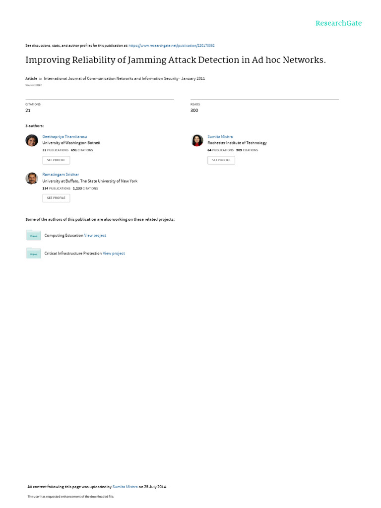 Improving Reliability Of Jamming Attack Detection Pdf Computer Network Ieee 802 11