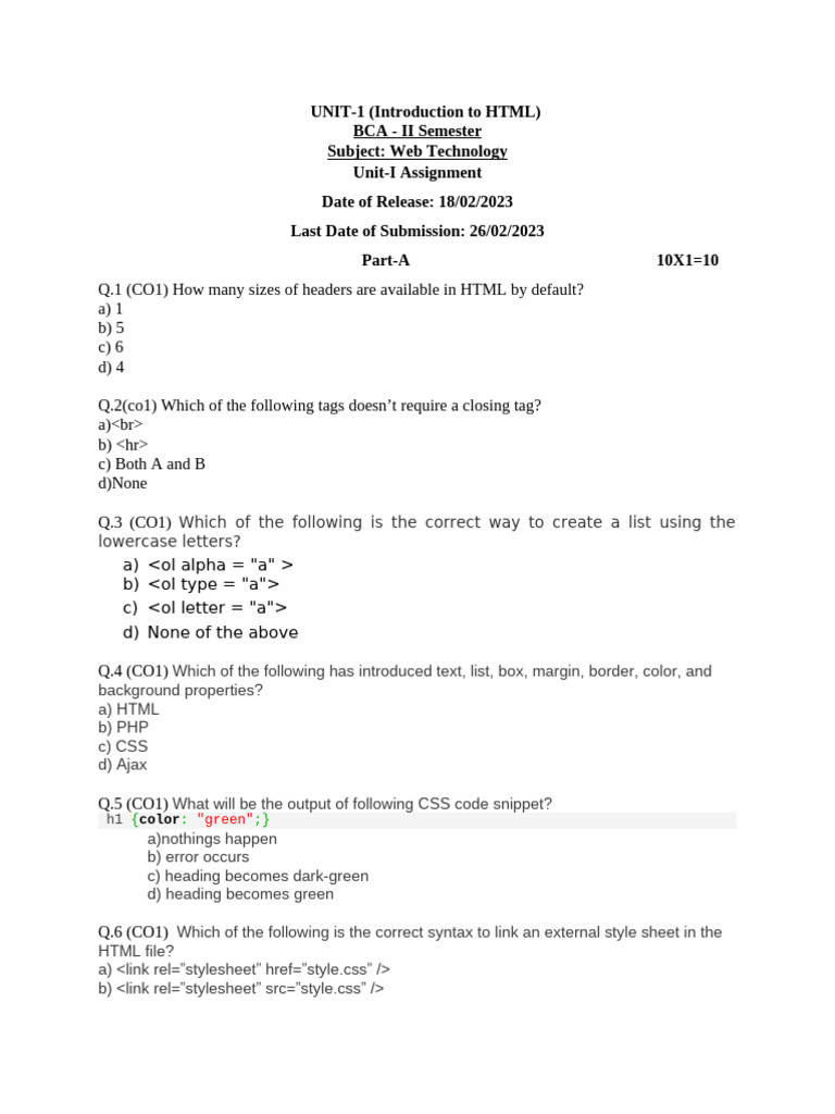 Assignment - 1 Web Technology | PDF | Html Element | Html
