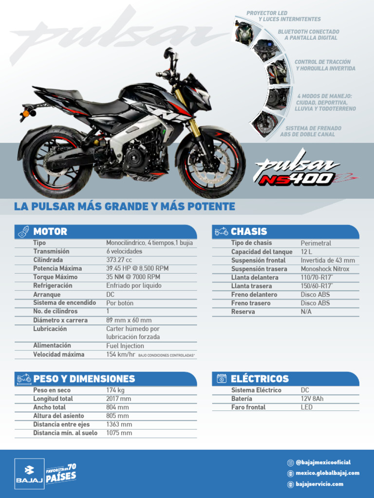 Ficha Técnica Bajaj Pulsar NS 400 | PDF | Vehículo de motor | Vehículos ...