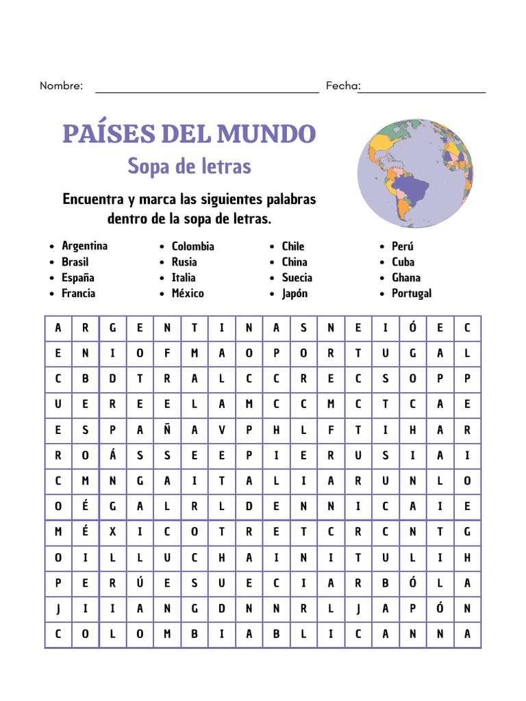 Hoja de Trabajo Sopa de Letras Países Del Mundo Simple Morado | PDF
