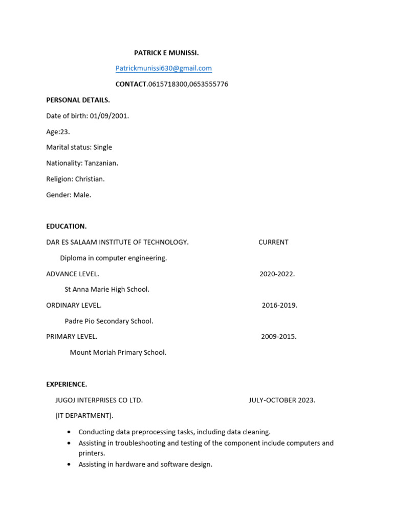 Patrick e Munissi - CV | PDF