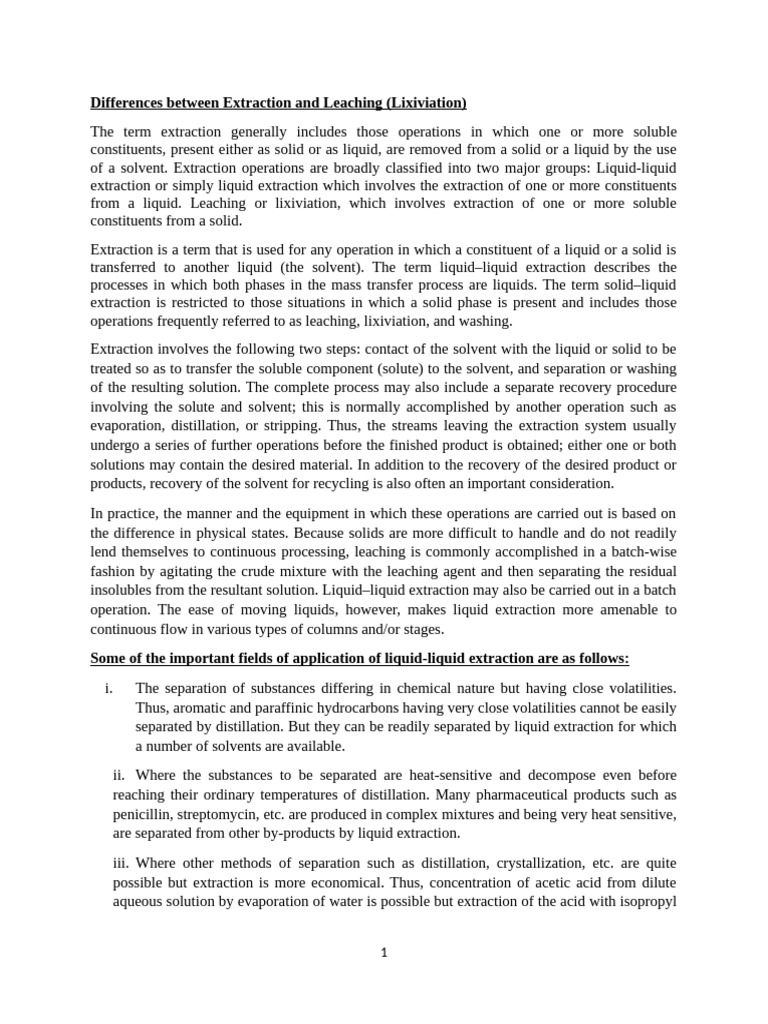 Differences Between Extraction and Leaching | PDF | Distillation | Liquids