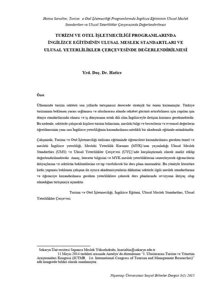 Turizm Ve Otel İşletmeciliği Programlarinda İngilizce Eğitiminin Ulusal Meslek Standartlari Ve ...
