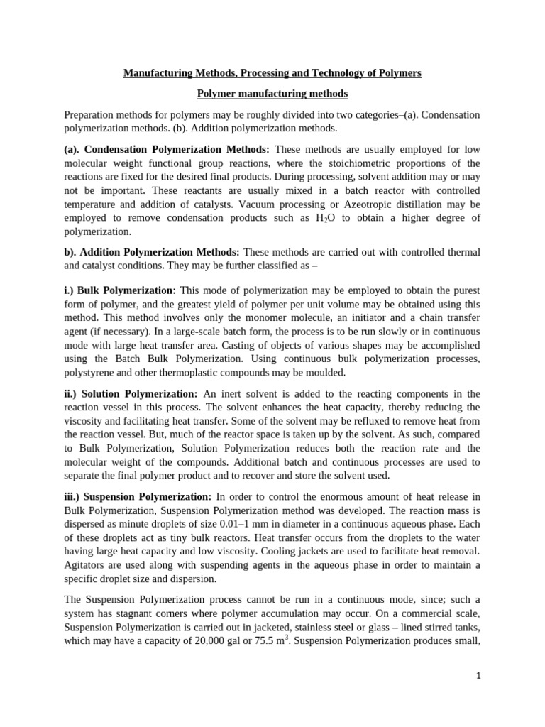 Polymer Manufacturing Methods | PDF | Polymerization | Polymers