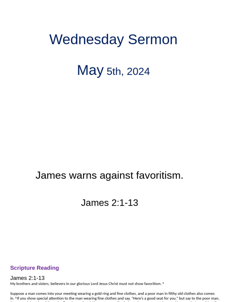 Kids Sermon - James Warns Agaist Favoritism | PDF | Jesus | Epistle To ...