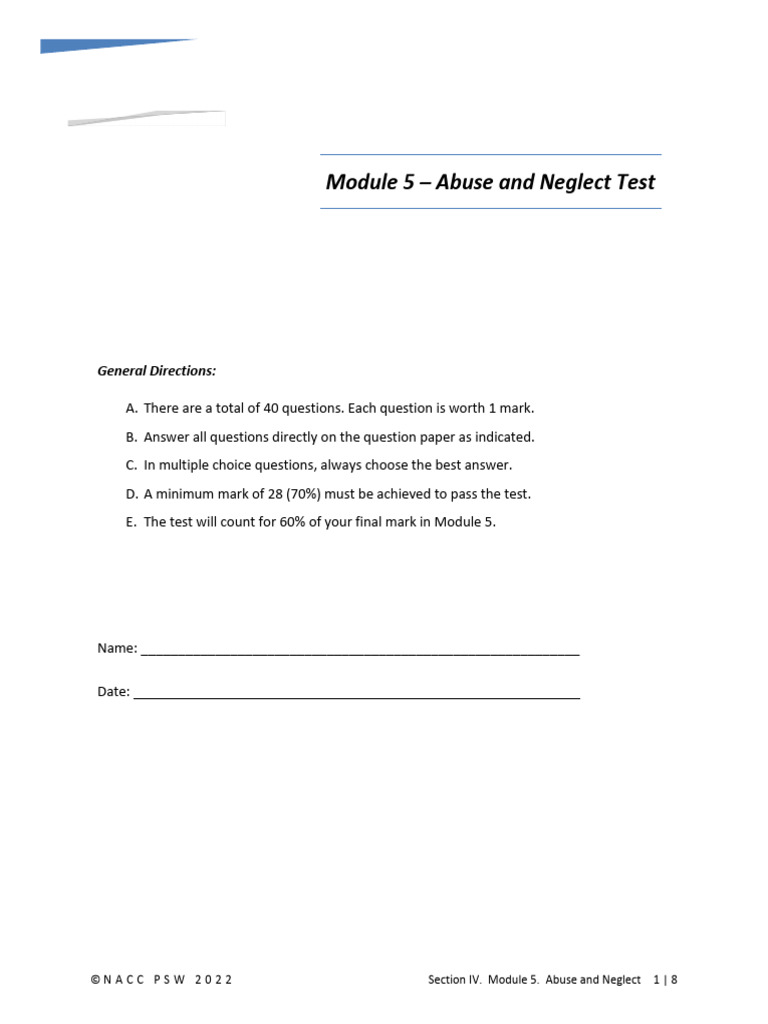 IV-6 Test - Module 5 Abuse and Neglect - Answered | PDF | Child Neglect ...