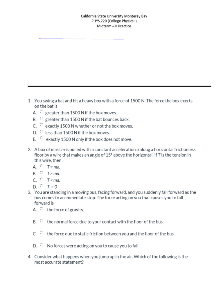 College Physics I Midterm Practice | PDF | Force | Mass