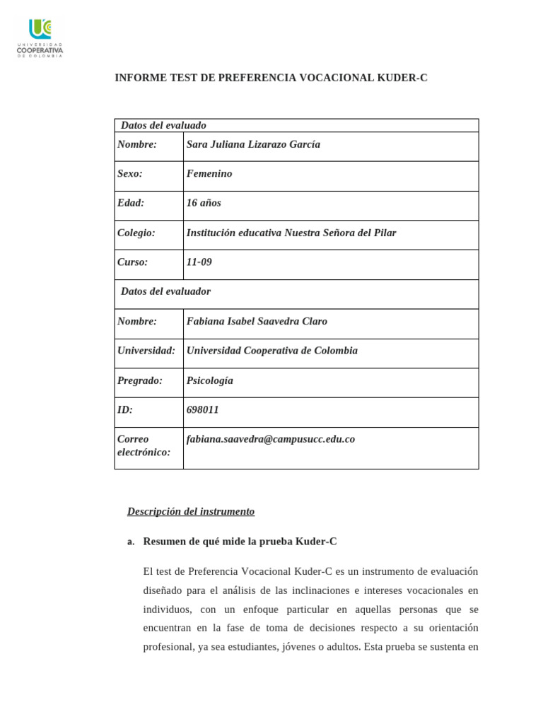 Informe Kuder-C Fabiana Isabel Saavedra | PDF | Sicología | Salud mental