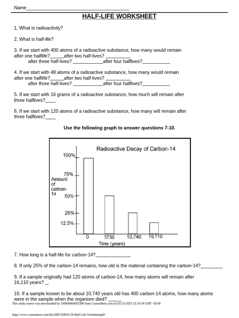 Half_Life_Worksheet | PDF | Radioactive Decay | Atoms