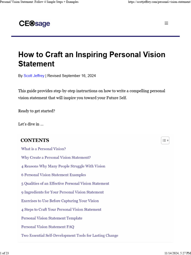 Personal Vision Statement_ Follow 4 Simple Steps + Examples | PDF ...