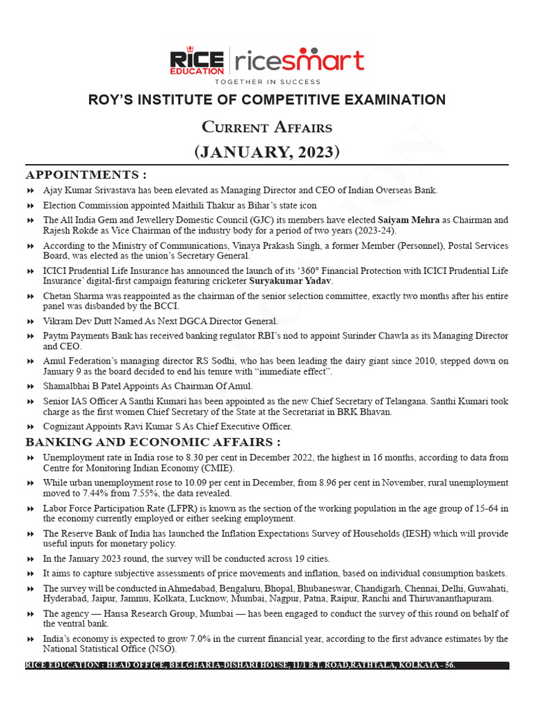 Current Affairs - January 2023 | PDF | Reserve Bank Of India | Libor