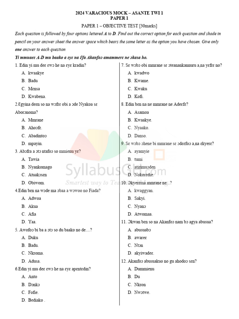 2024 Varacious Mock - Asante Twi 1 | PDF
