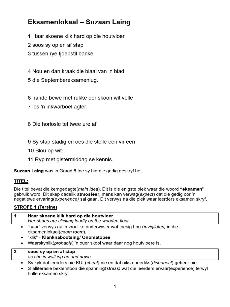 Eksamenlokaal - Gedig, Notas en Vrae | PDF