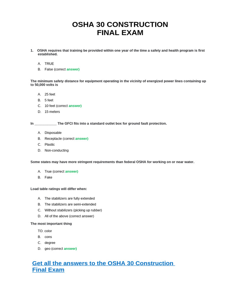 OSHA 30 Construction Exam Answers | PDF | Occupational Safety And ...
