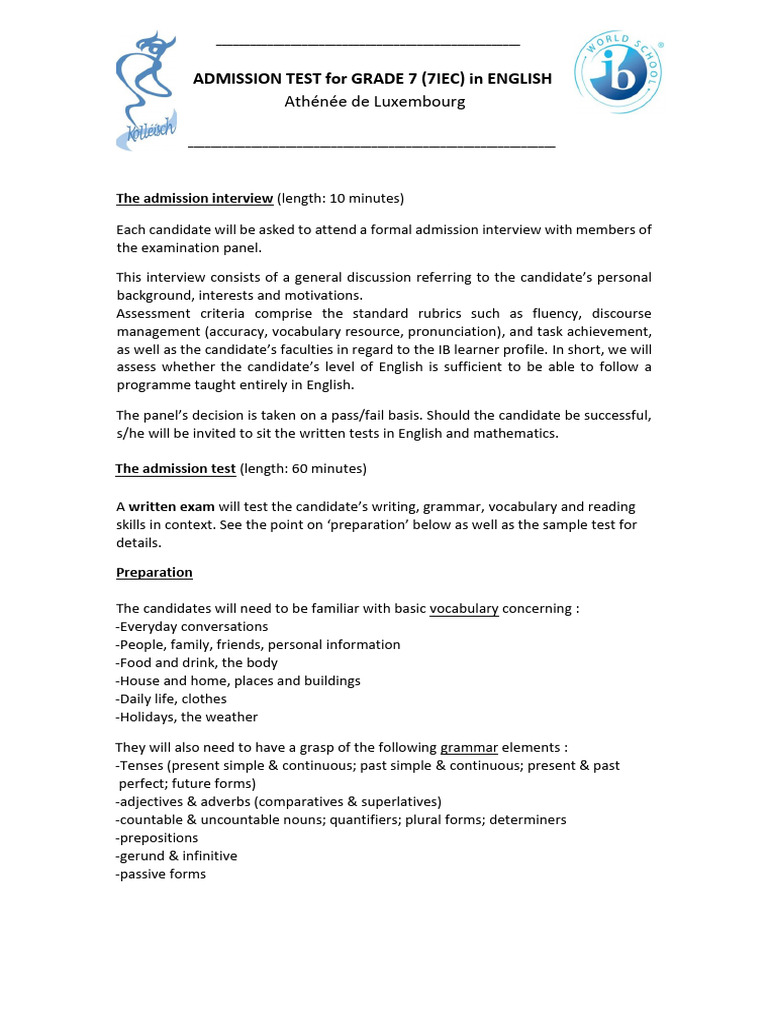 Grade 7 English Admission Test Guide | PDF | English Language ...