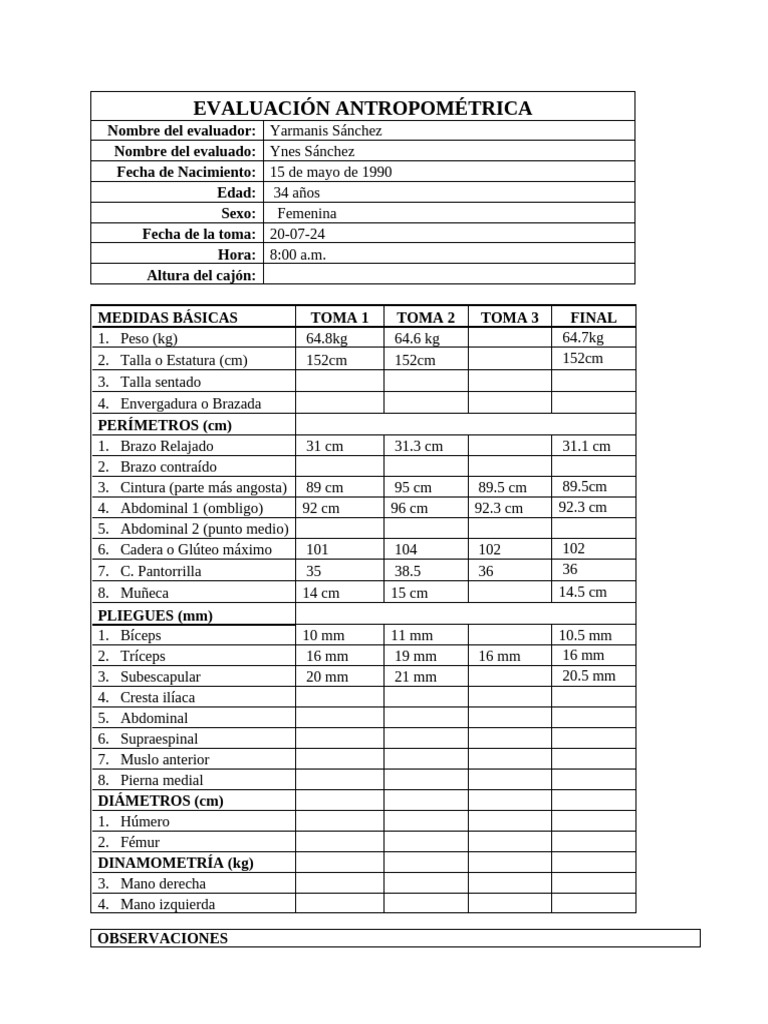 Ficha Evaluación Antropométrica | PDF