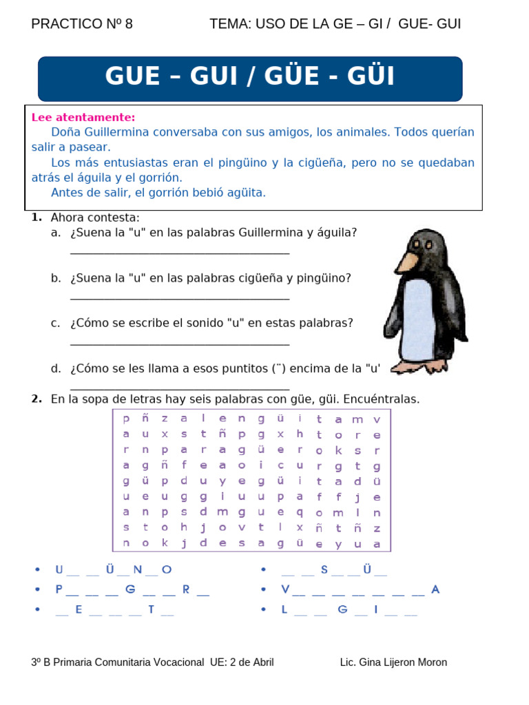 Uso de La GUE GUI GÜE GÜI para Tercer Grado de Primaria | PDF